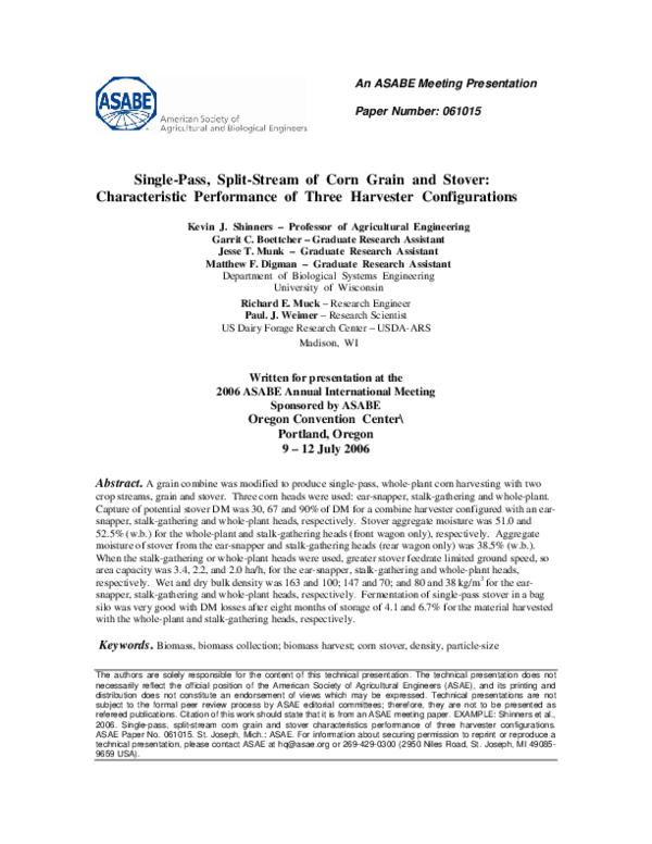 (PDF) Single-Pass, Split-Stream of Corn Grain and Stover ...