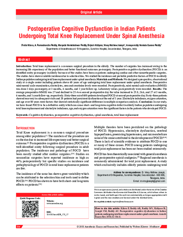 (PDF) Postoperative cognitive dysfunction in Indian patients undergoing ...