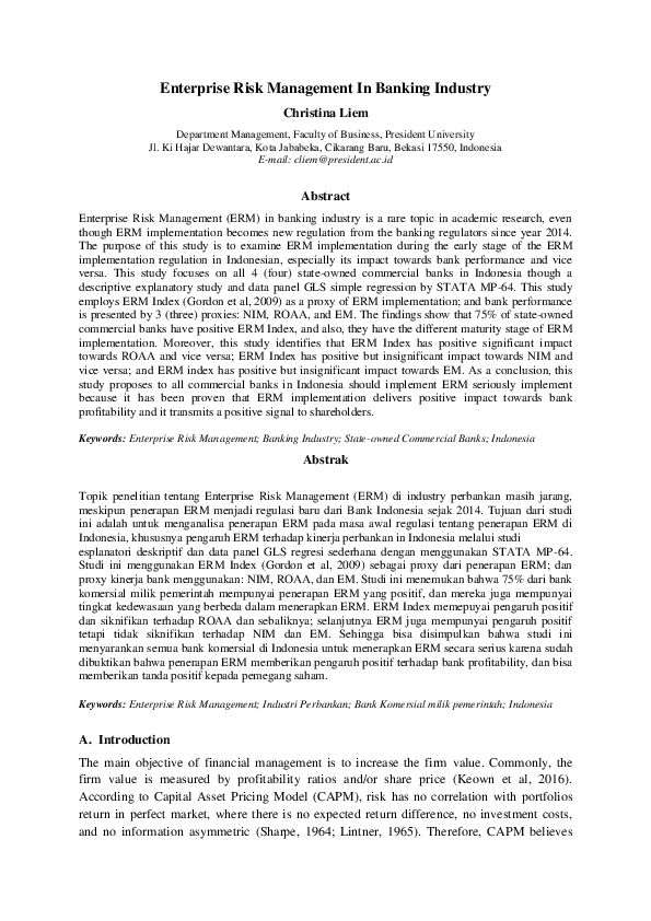 (PDF) Enterprise Risk Management In Banking Industry