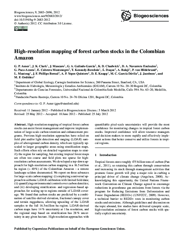 (PDF) High-resolution mapping of forest carbon stocks in the Colombian Amazon