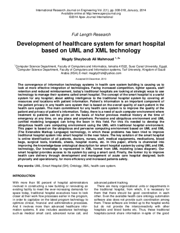 (PDF) Development Of HealthCare System For Smart Hospital Using UML and XML Technology