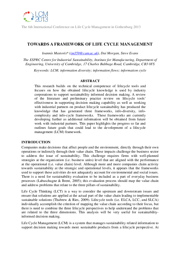 Pdf Towards A Framework Of Life Cycle Management