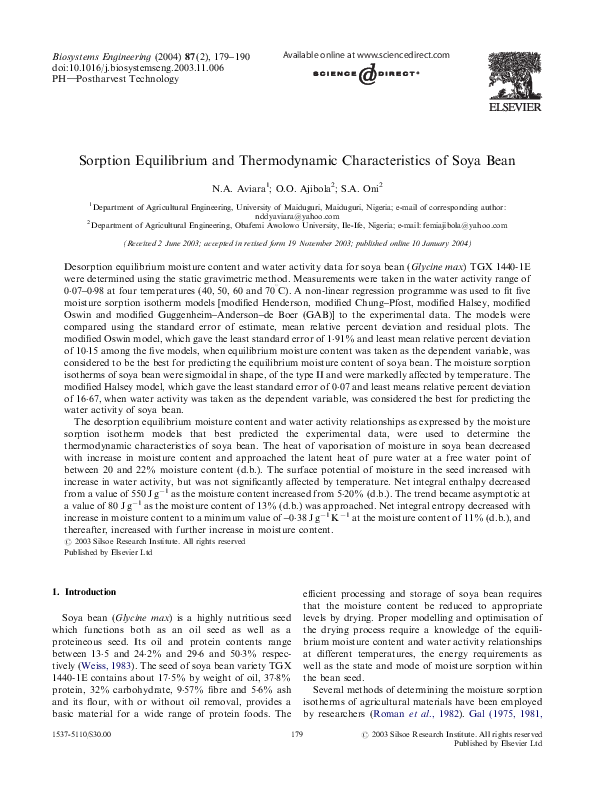 (PDF) Sorption Equilibrium and Thermodynamic Characteristics of Soya Bean