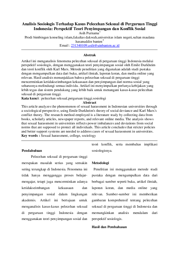 (PDF) Analisis Sosiologis Terhadap Kasus Pelecehan Seksual di Perguruan Tinggi Indonesia ...