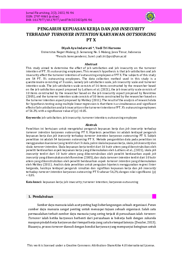 (PDF) Pengaruh Kepuasan Kerja Dan Job Insecurity Terhadap Turnover Intention Karyawan ...