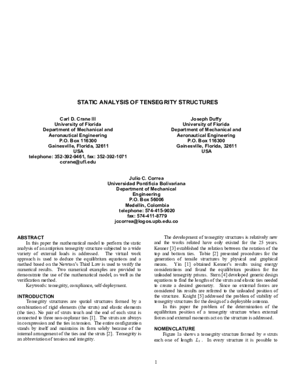 (PDF) Static Analysis of Tensegrity Structures