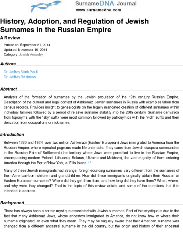(PDF) History, Adoption, and Regulation of Jewish Surnames in the ...