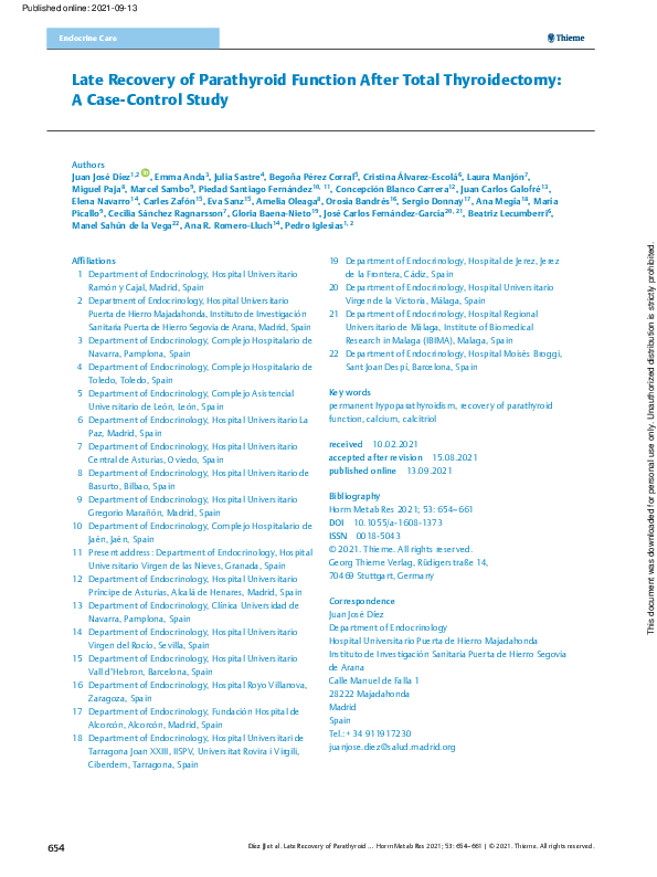 (PDF) Late Recovery of Parathyroid Function After Thyroidectomy