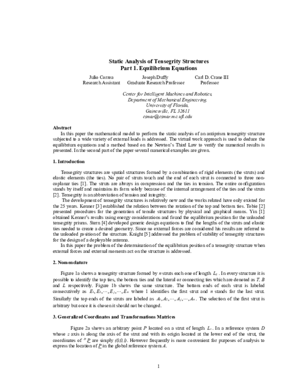 (PDF) Static Analysis of Tensegrity Structures: Part 1 — Equilibrium Equations