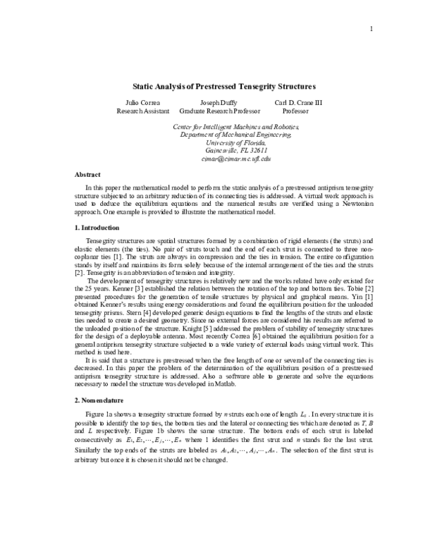 (PDF) Static Analysis of Prestressed Tensegrity Structures