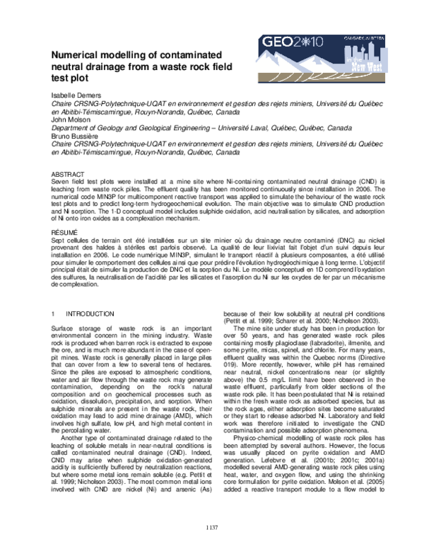 (PDF) Numerical modelling of contaminated neutral drainage from a waste ...