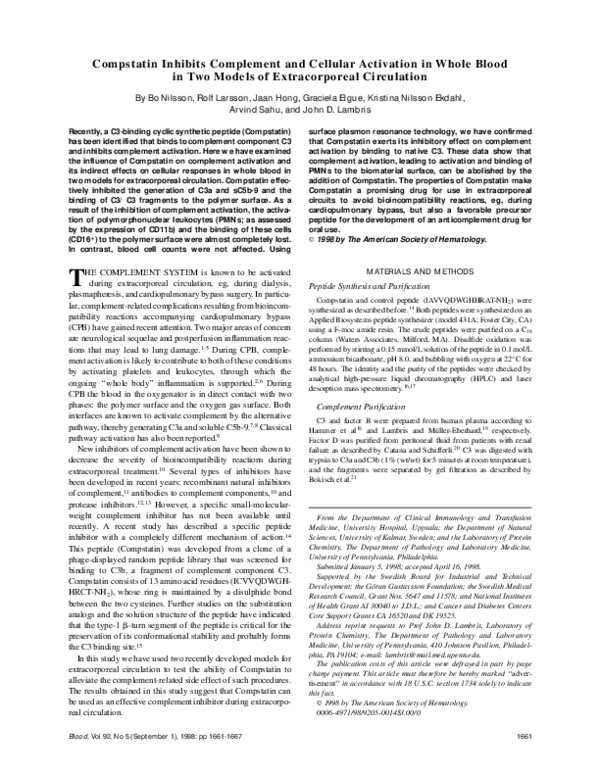 (PDF) Compstatin inhibits complement and cellular activation in whole ...