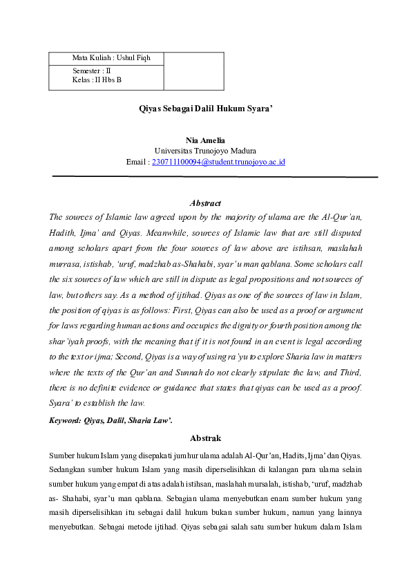 (PDF) Qiyas Sebagai Dalil Hukum Syara'