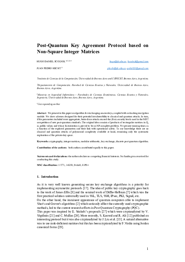 (PDF) Post-Quantum Key Agreement Protocol based on Non-Square Integer Matrices