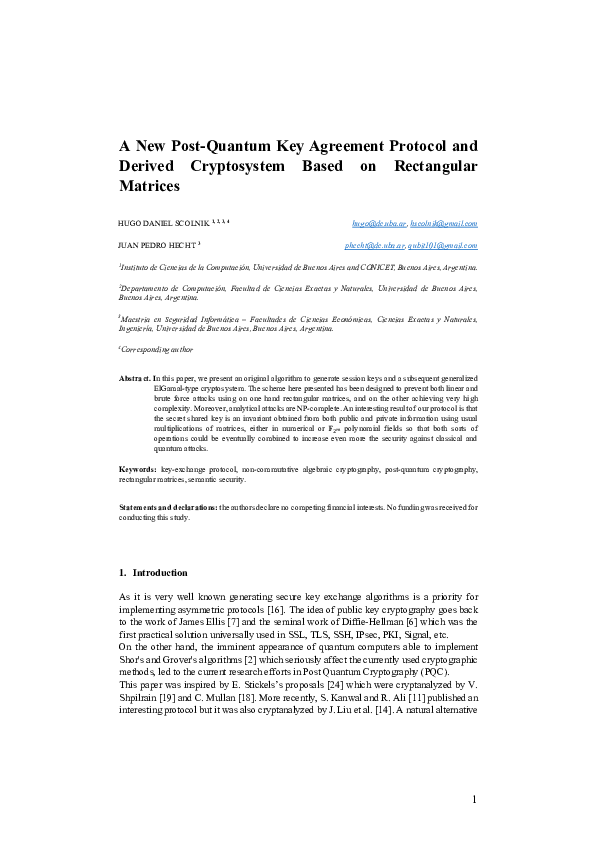 (PDF) A New Post-Quantum Key Agreement Protocol and Derived Cryptosystem Based on Rectangular ...