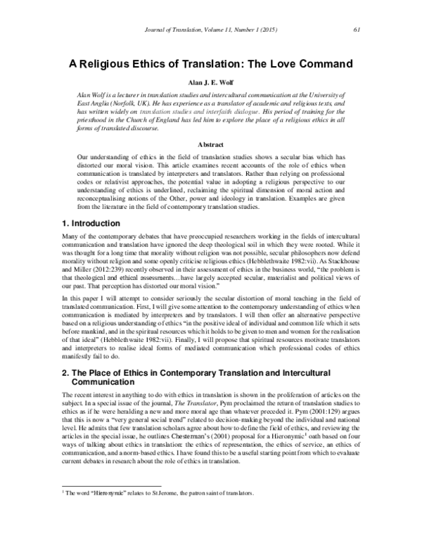 (PDF) A Religious Ethics of Translation: The Love Command