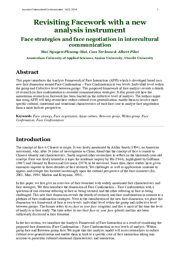 (PDF) Revisiting Facework with a new analysis instrument Face strategies and face negotiation in ...