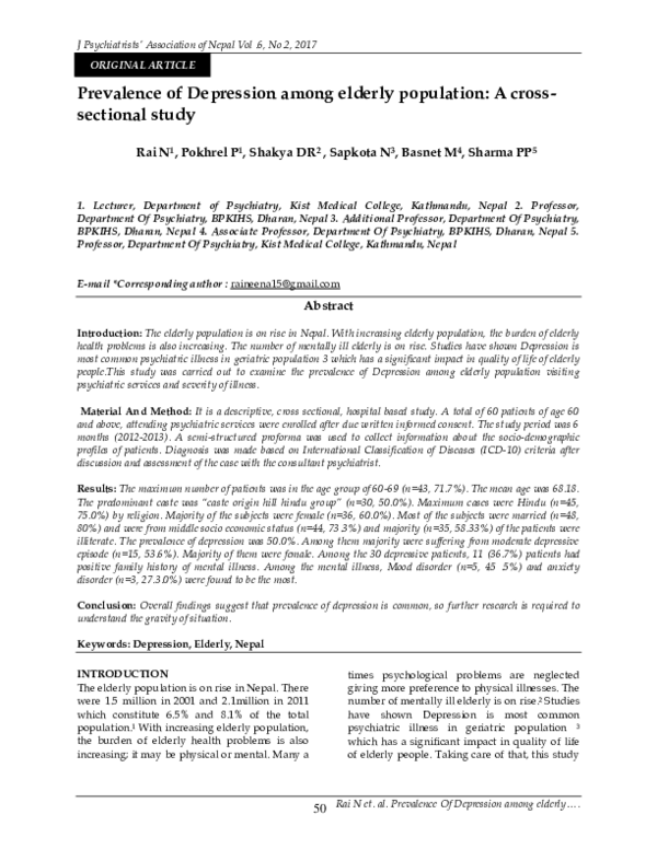 (PDF) Prevalence of Depression among elderly population: A cross ...