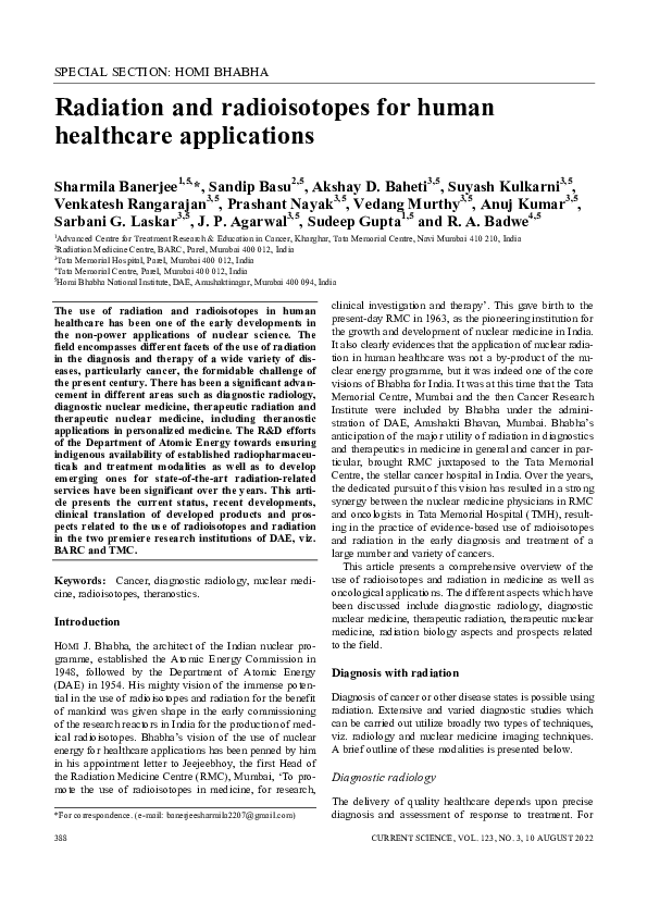 (PDF) Radiation and radioisotopes for human healthcare applications