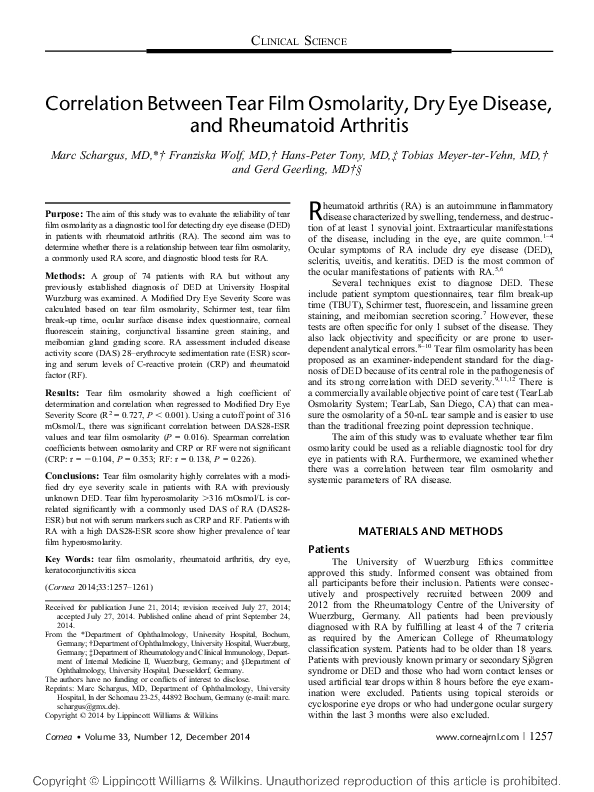 (PDF) Correlation Between Tear Film Osmolarity, Dry Eye Disease, and ...