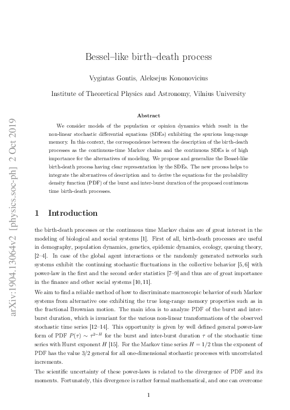 (PDF) Bessel-like Birth-Death Process for Population Dynamics