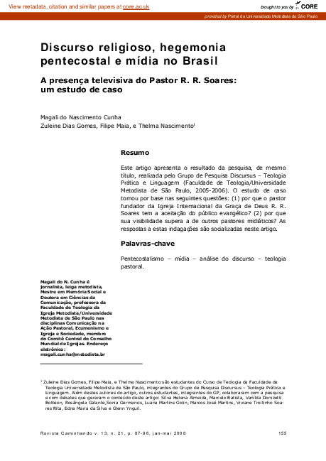 (PDF) Discurso Religioso, Hegemonia Pentecostal e Mídia no Brasil - A ...