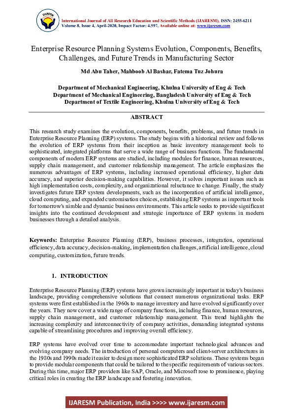 (PDF) Enterprise Resource Planning Systems Evolution, Components, Benefits, Challenges, and ...