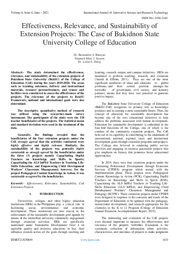 (PDF) Effectiveness, Relevance, and Sustainability of Extension ...