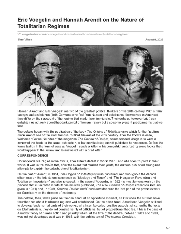 (PDF) Eric Voegelin and Hannah Arendt on the Nature of Totalitarian Regimes