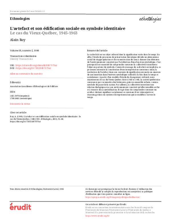 (PDF) L’artefact et son édification sociale en symbole identitaire