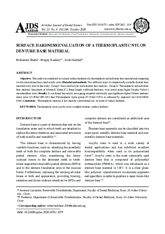 (PDF) Surface Hardness Evaluation of a Thermoplastic Nylon Denture Base ...