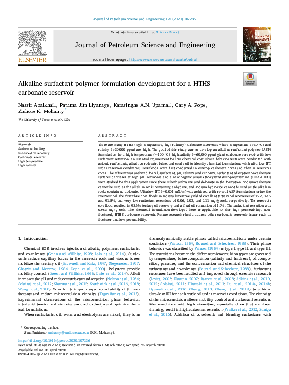 (PDF) Alkaline-surfactant-polymer formulation development for a HTHS ...