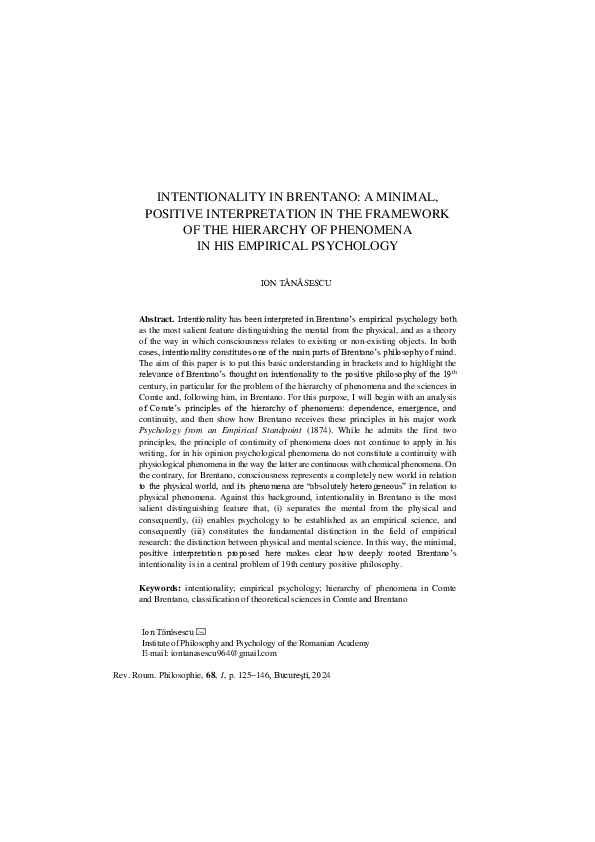 (PDF) INTENTIONALITY IN BRENTANO: A MINIMAL, POSITIVE INTERPRETATION IN ...