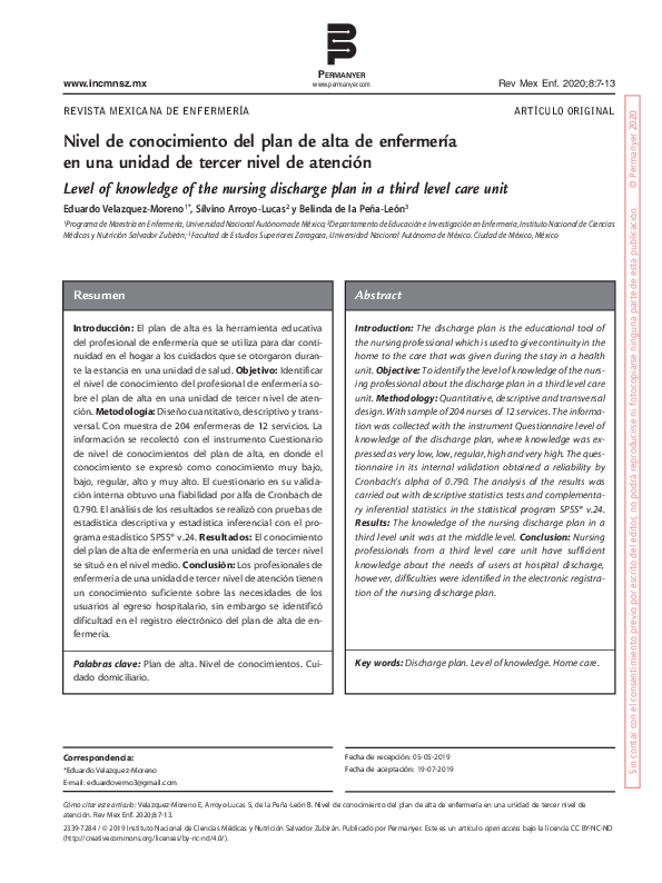 (PDF) Nivel de conocimiento del plan de alta de enfermería en una ...