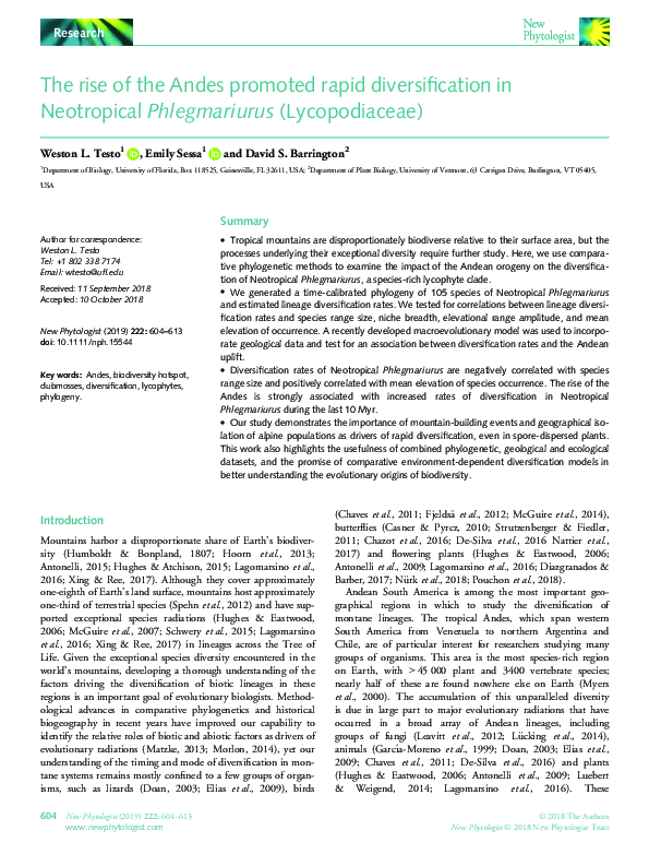 (PDF) The rise of the Andes promoted rapid diversification in ...