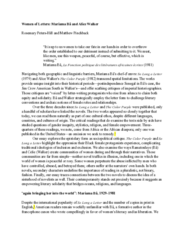 (PDF) Women of Letters: Mariama Bâ and Alice Walker