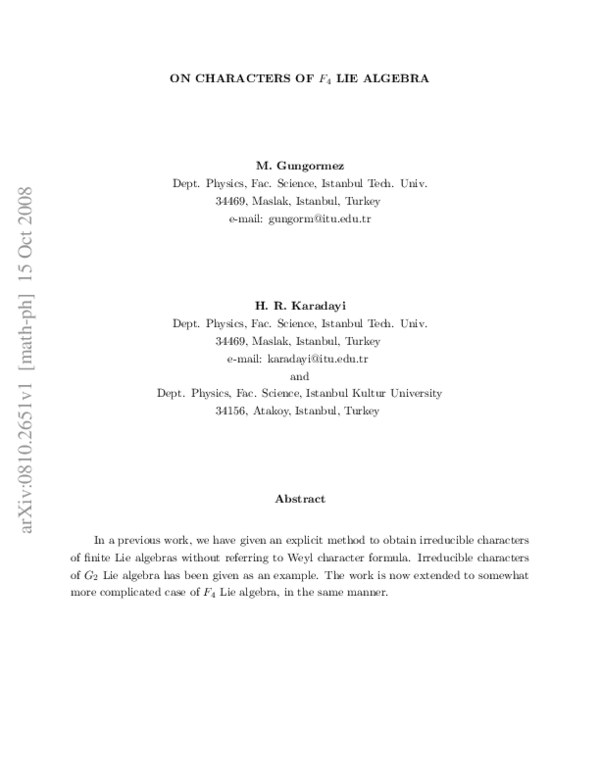 (PDF) On Characters of F_4 Lie Algebra