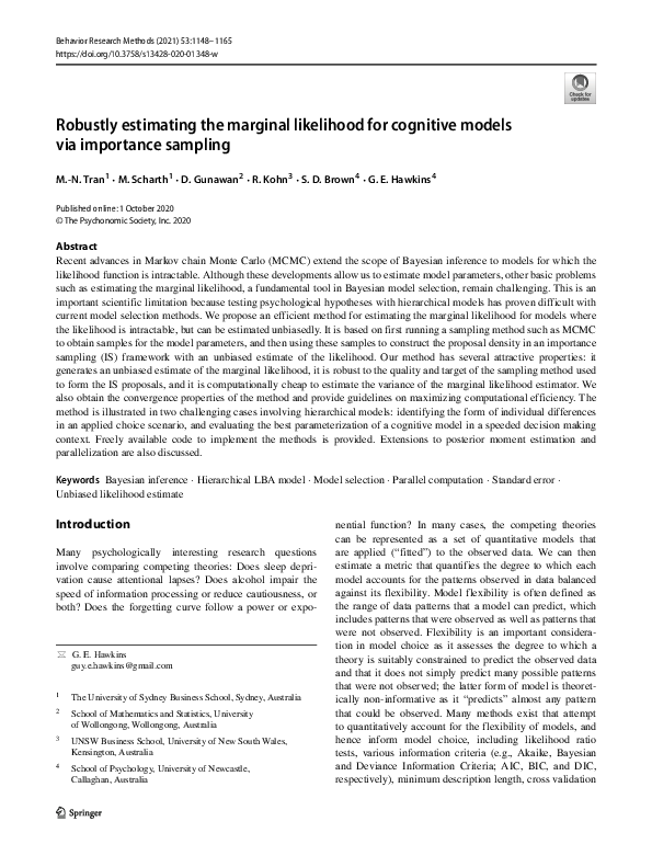 Pdf Robustly Estimating The Marginal Likelihood For Cognitive Models Via Importance Sampling