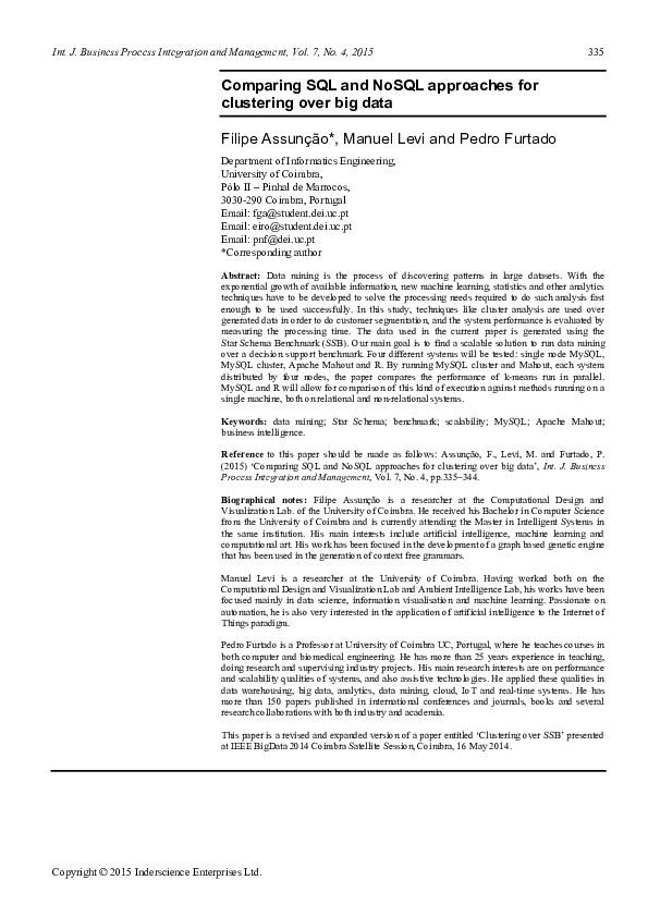 (PDF) Comparing SQL and NoSQL approaches for clustering over big data