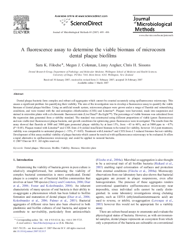 (PDF) A fluorescence assay to determine the viable biomass of microcosm dental plaque biofilms