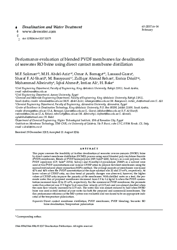 (PDF) Performance evaluation of blended PVDF membranes for desalination of seawater RO brine ...