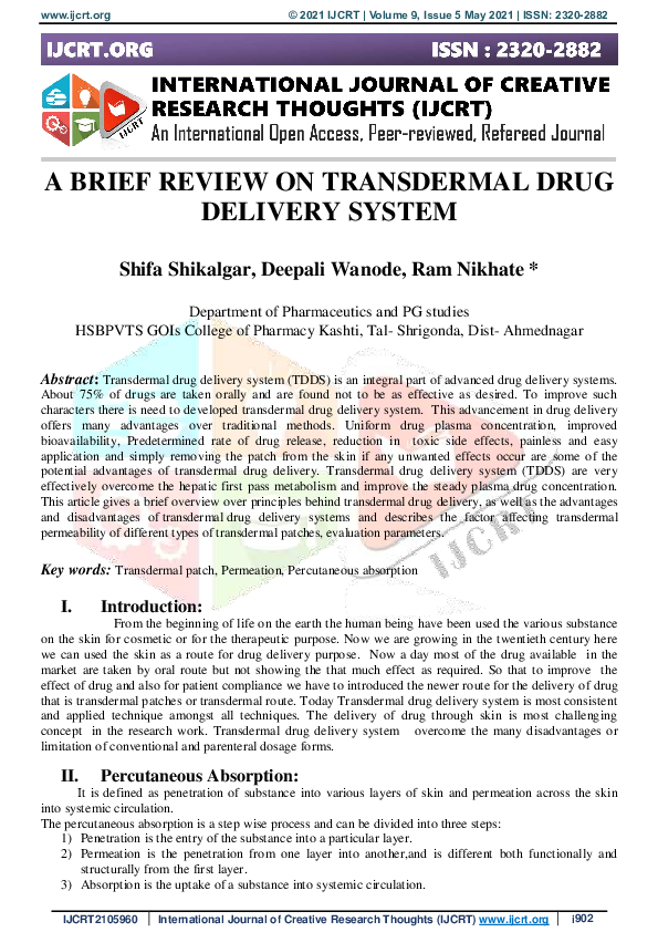 (PDF) A Brief Review on Transdermal Drug Delivery System