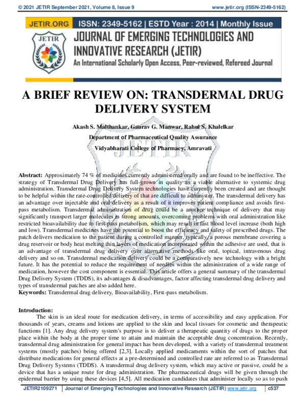 (PDF) A Brief Review On: Transdermal Drug Delivery System