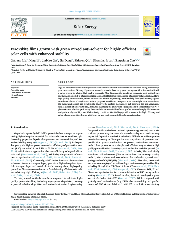 (PDF) Perovskite films grown with green mixed anti-solvent for highly efficient solar cells with ...