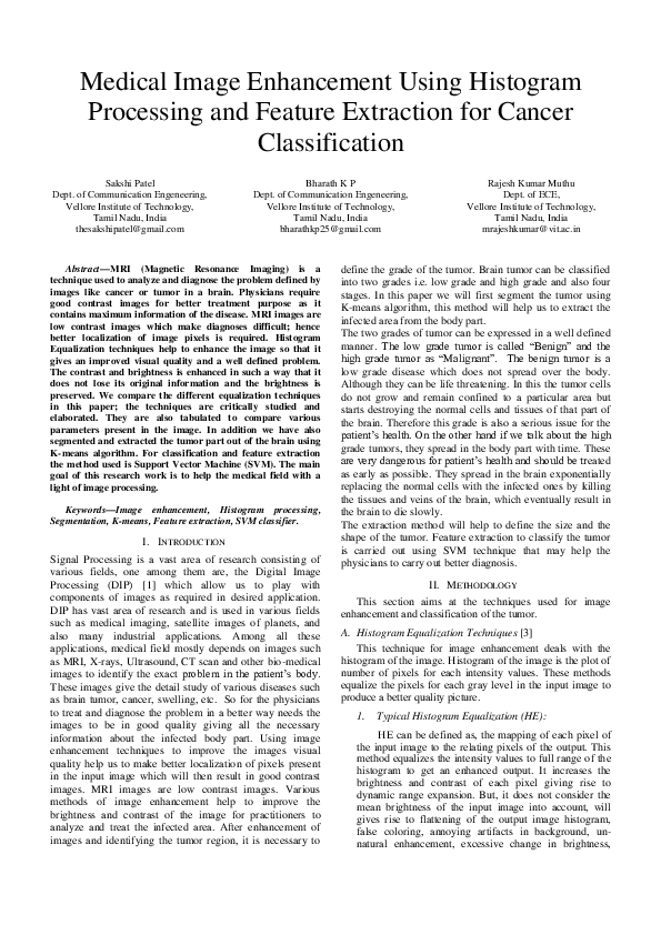 (PDF) Medical Image Enhancement Using Histogram Processing and Feature Extraction for Cancer ...