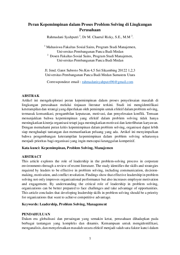 (PDF) Peran Kepemimpinan dalam Proses Problem Solving di Lingkungan Perusahaan