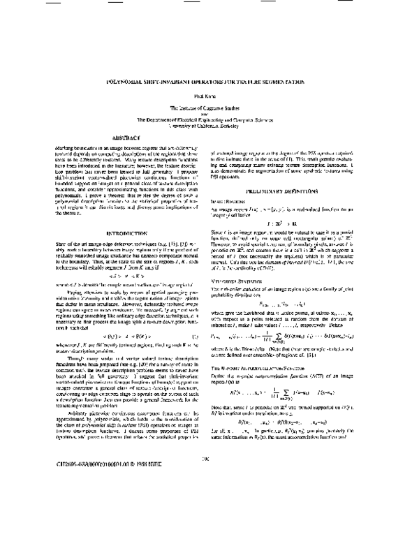 (PDF) Polynomial shift-invariant operators for texture segmentation (PDF) Polynomial shift-invariant operators for texture segmentation