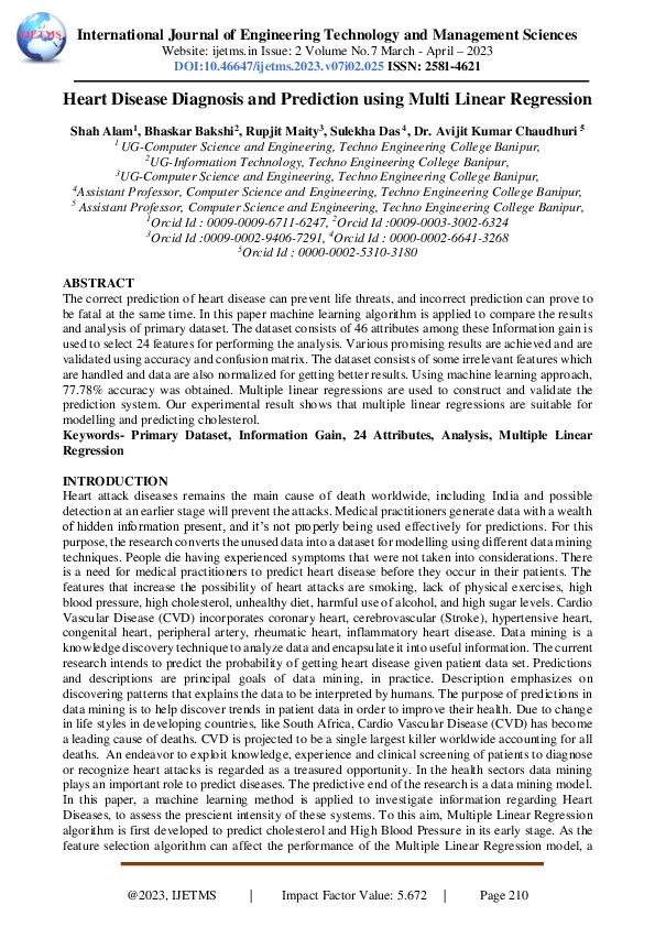 (PDF) Heart Disease Diagnosis and Prediction using Multi Linear Regression
