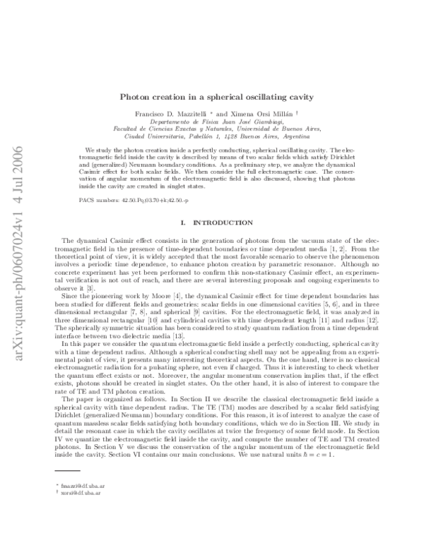 (PDF) Photon creation in a spherical oscillating cavity