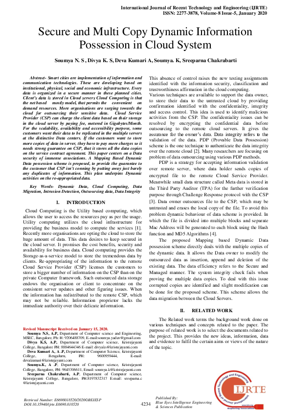 (PDF) Secure and Multi Copy Dynamic Information Possession in Cloud System